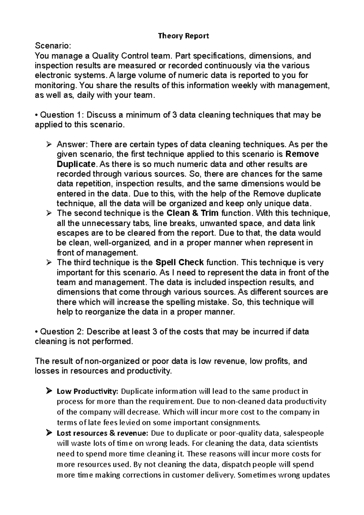 Theory Report - Theory Report Scenario: You manage a Quality Control ...