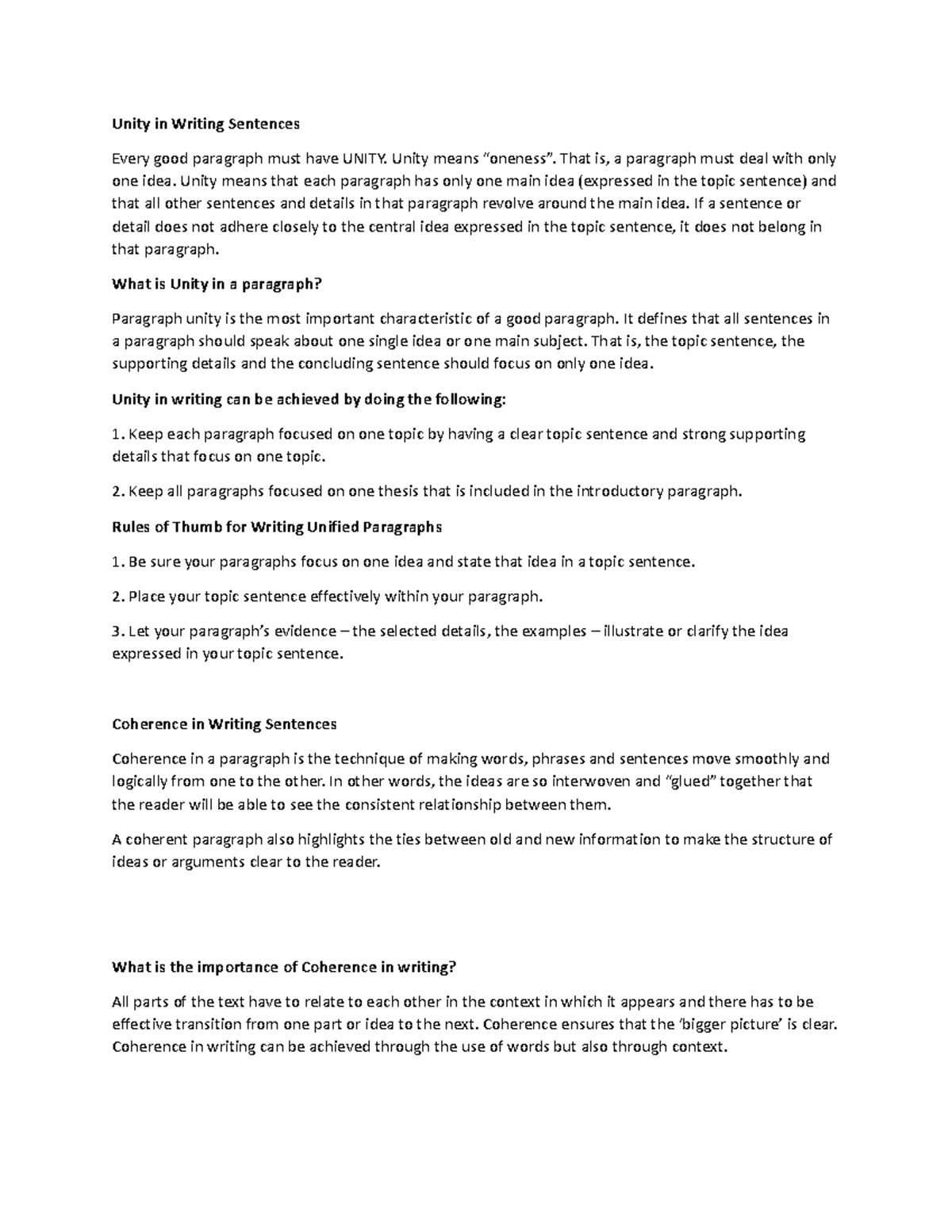 Lecture in ELP2(Topic 1) - Unity in Writing Sentences Every good ...