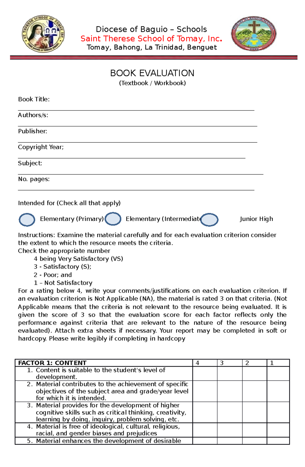 BOOK Evaluation - BOOK EVALUATION (Textbook / Workbook) Book Title ...