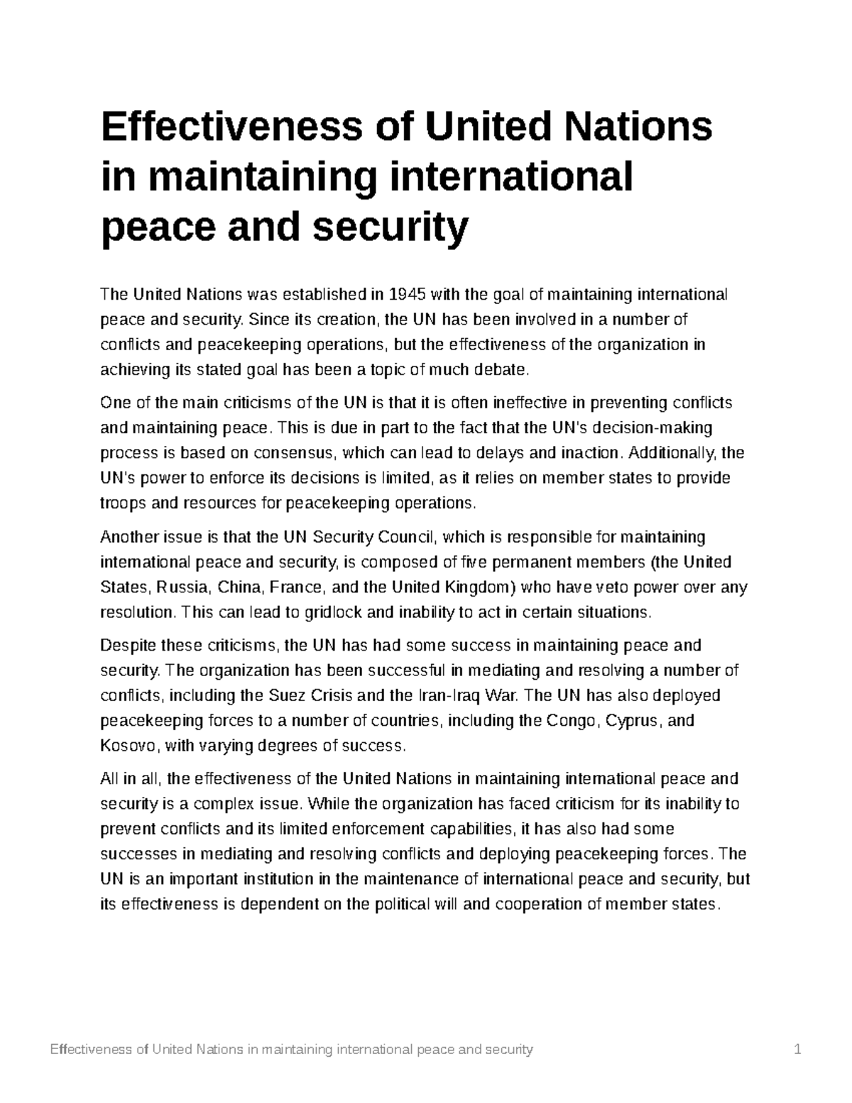 Effectiveness of United Nations in maintaining international peace and ...