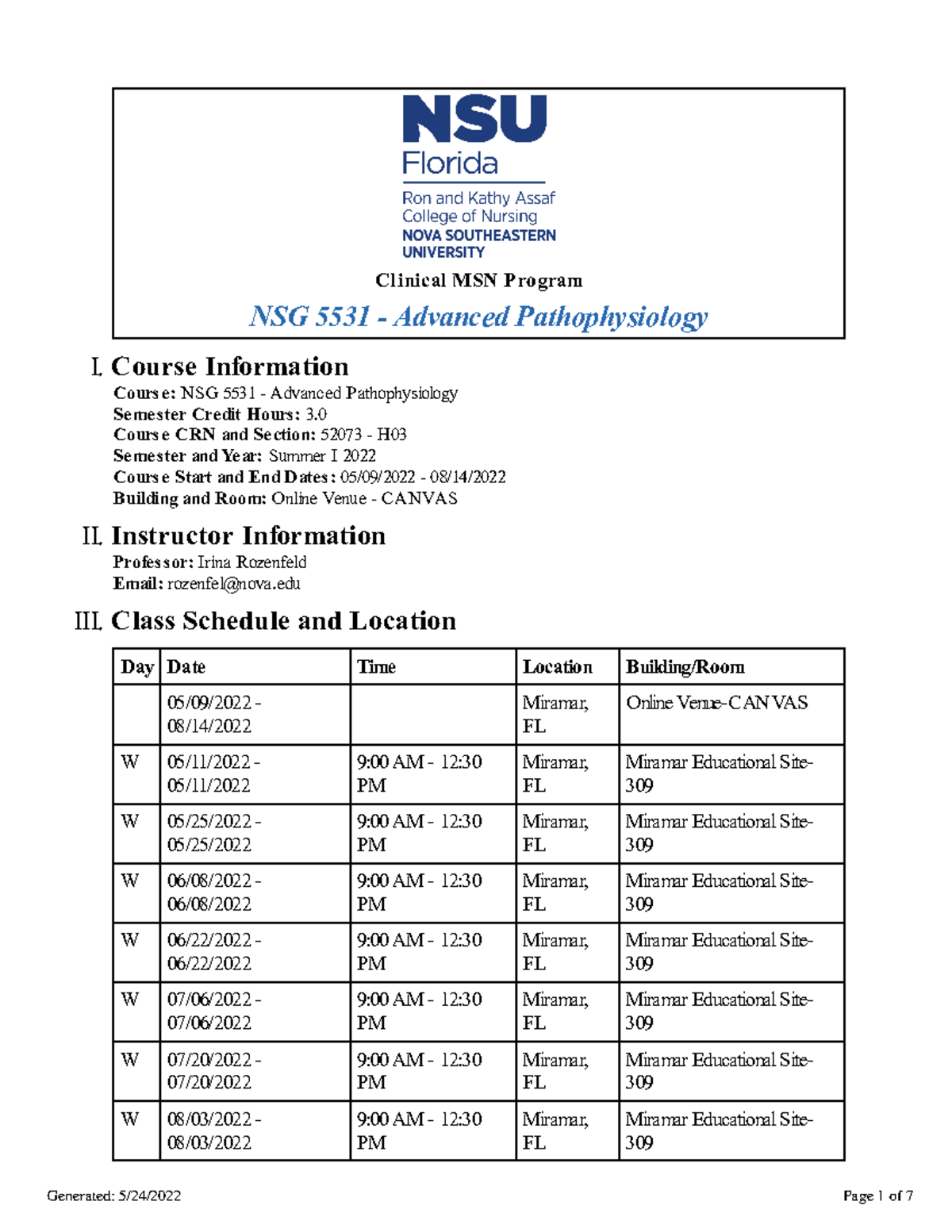 NSG 5531 Advanced Pathophysiology- Syllabus - Clinical MSN Program NSG ...