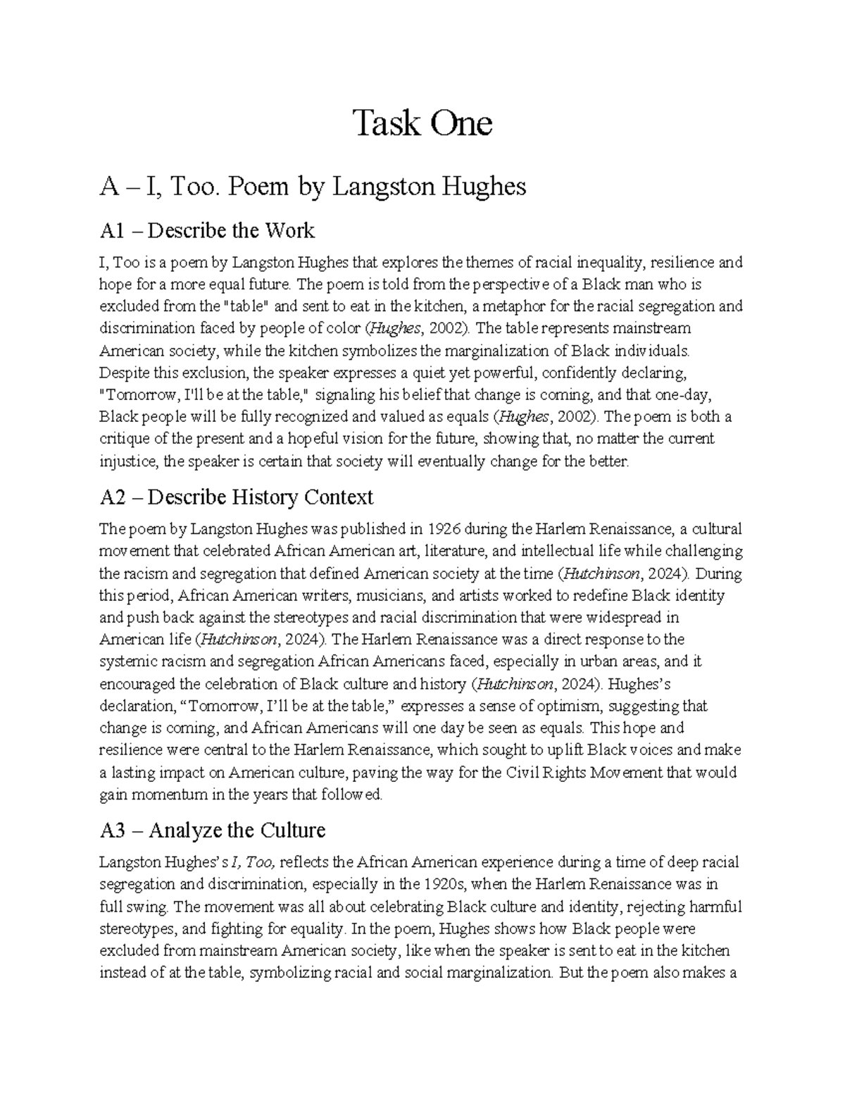 Task 1 - Global Arts and Humanities - Task One A – I, Too. Poem by ...