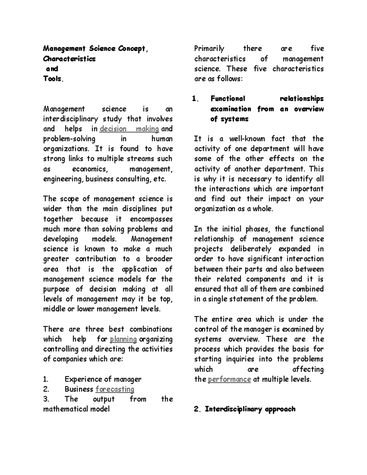 Management Science- Midterm A - Management Science Concept ...