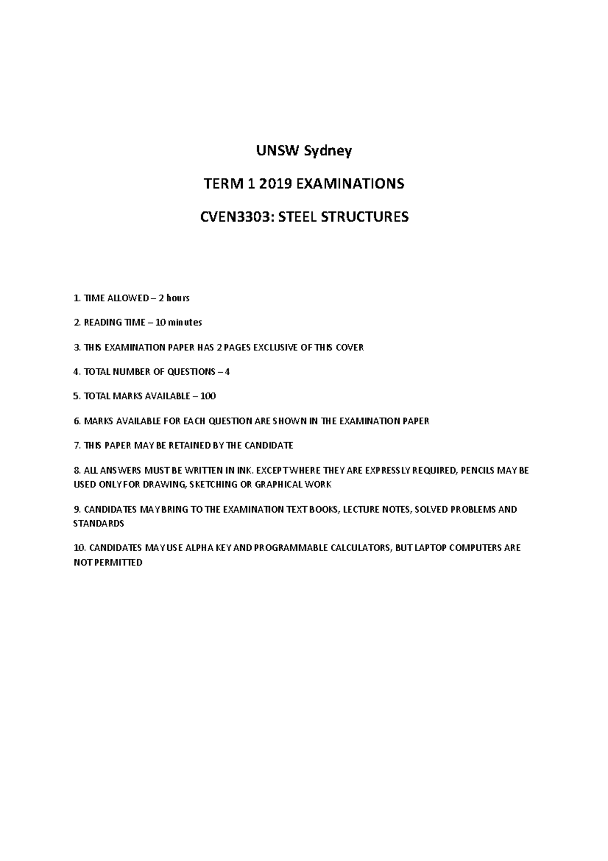 CVEN 3303 Exam Paper 2019 - UNSW Sydney TERM 1 2019 EXAMINATIONS ...