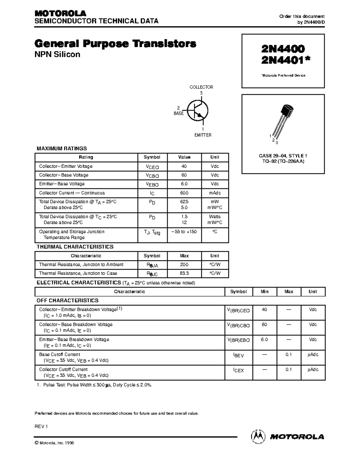 1N4401 40V 600m A npn Tr - Motorola Small–Signal Transistors, FETs and ...