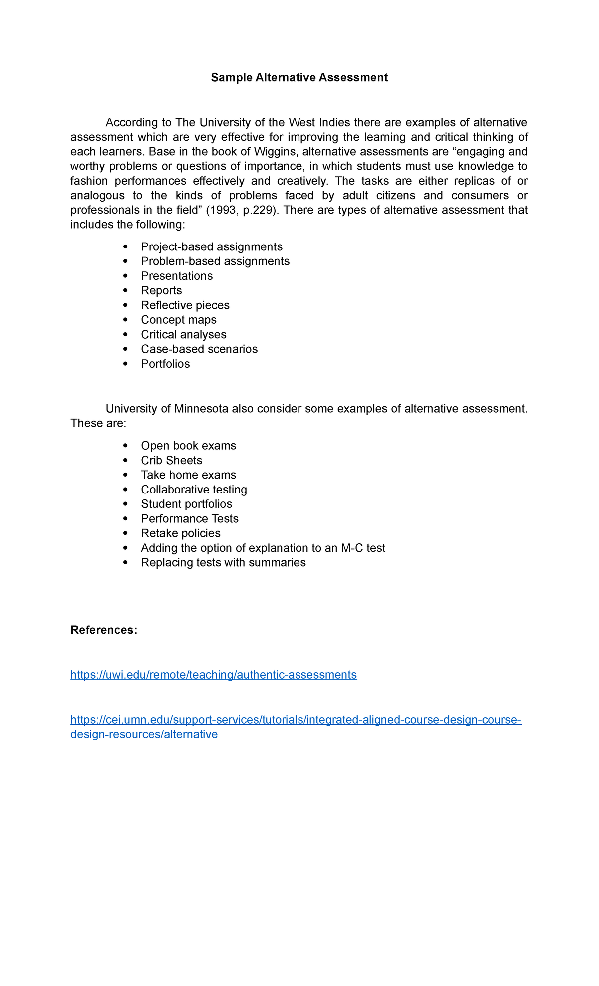 Sample Alternative Assessment and Sample Rubric - Sample Alternative ...