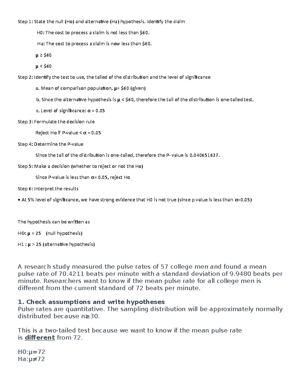 Step 1 - Lecture notes 1-10 - Step 1: State the null (Ho) and ...