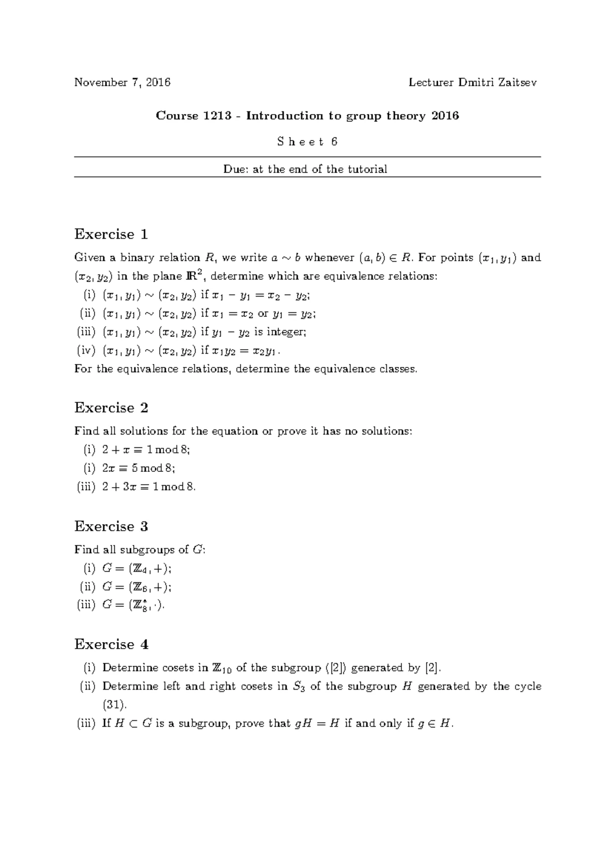 MA1213 2016-2017 Problem Sheet 9 - December 4, 2016 Lecturer Dmitri ...