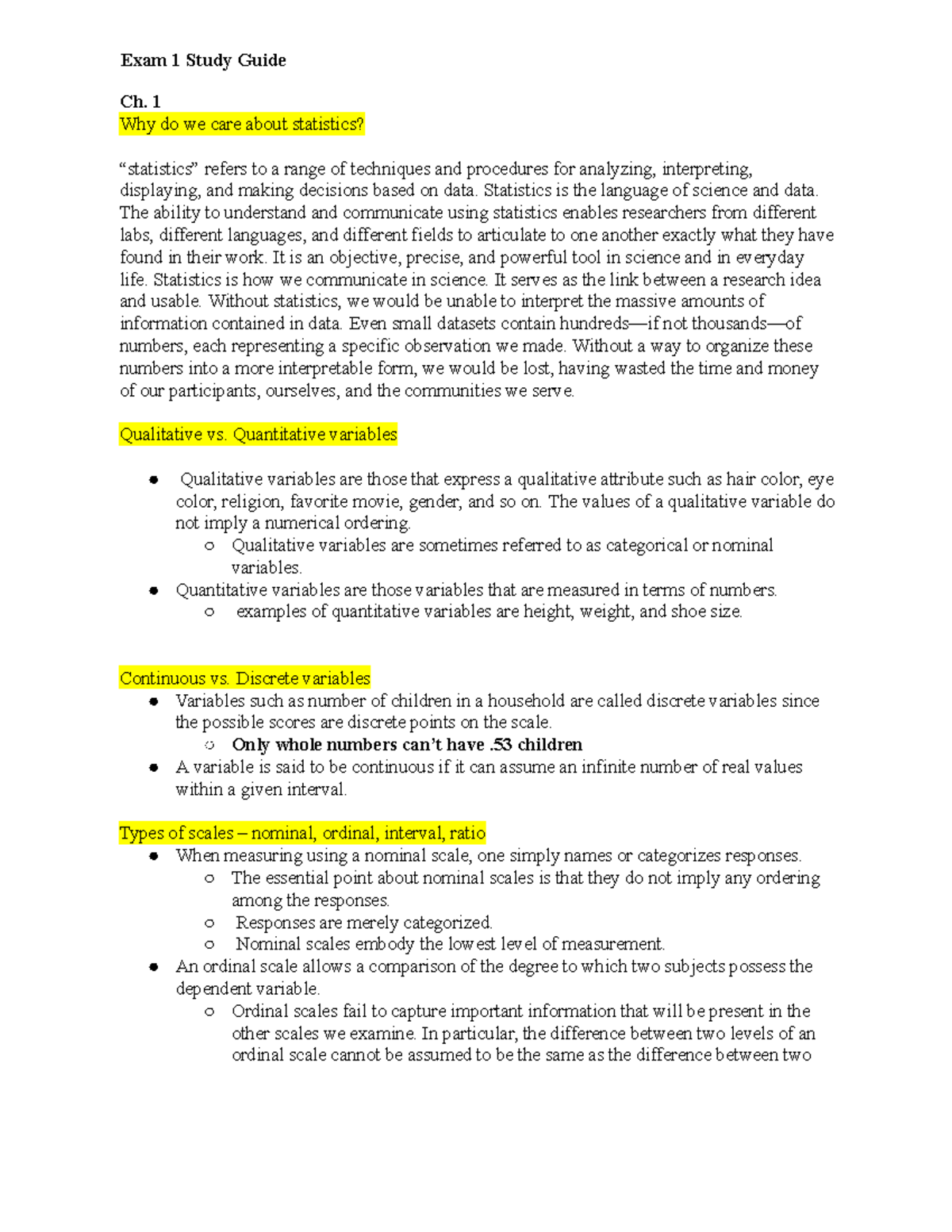 Statistics in Psychology Study Guide Exam 1 - Exam 1 Study Guide Ch. 1 ...