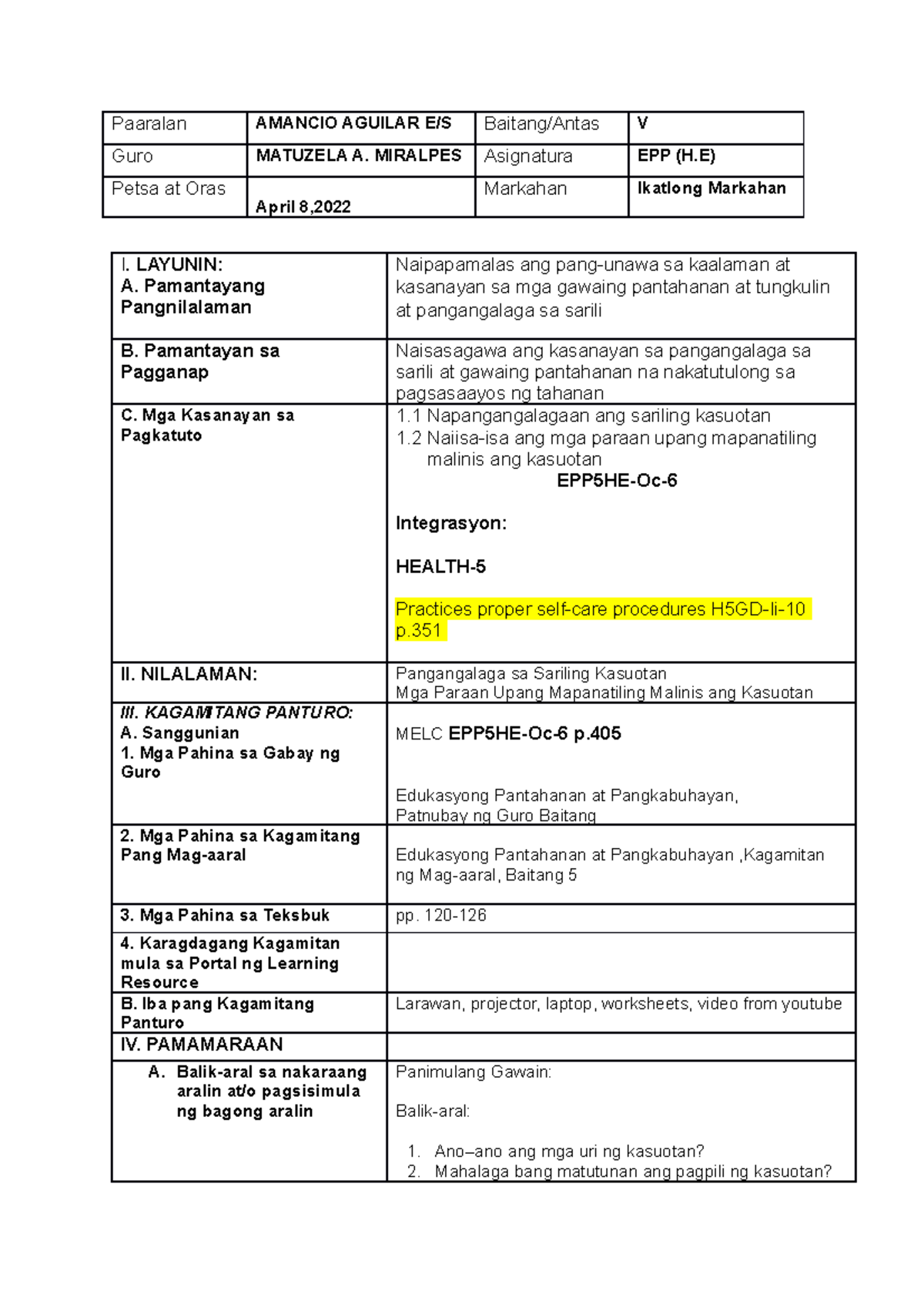 CO Miralpes Q 3 - Naipapamalas ang pang-unawa sa kaalaman at kasanayan ...