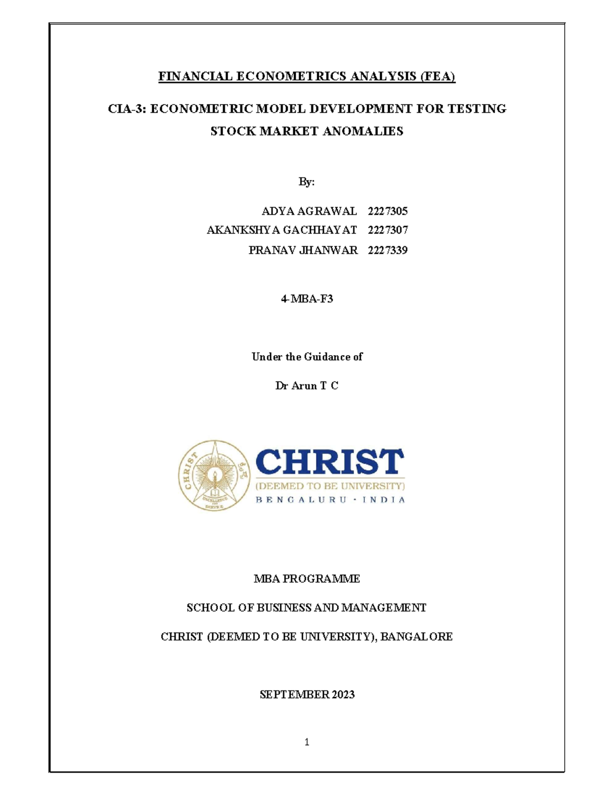 Financial Econometrics Analysis (MBA441F) CIA 3 - FINANCIAL ECONOMETRICS ANALYSIS (FEA) CIA-3 ...