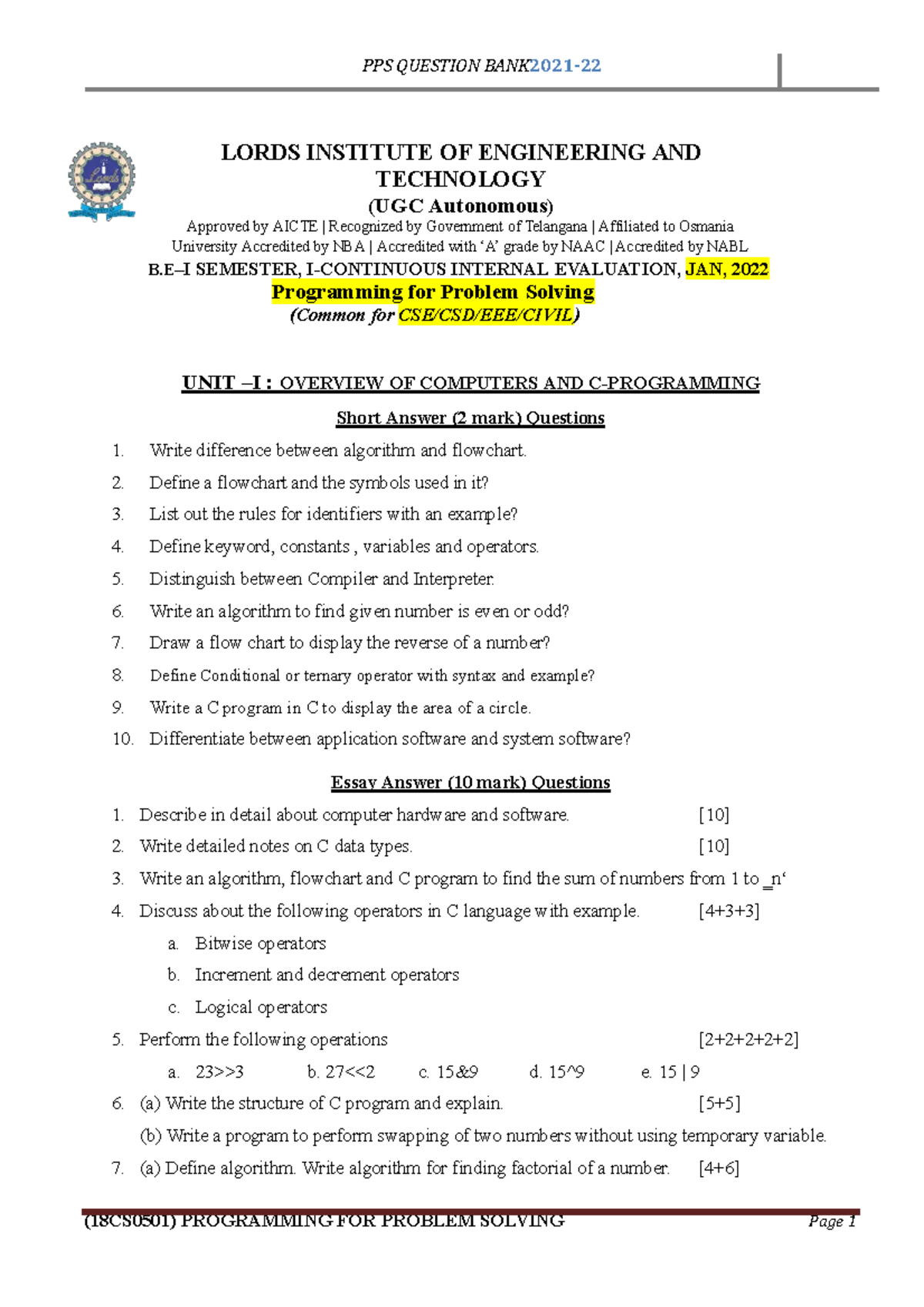 Pps Question Bank Dsfsdfsdf 18cs0501 Programming For Problem Solving Page 1 Lords