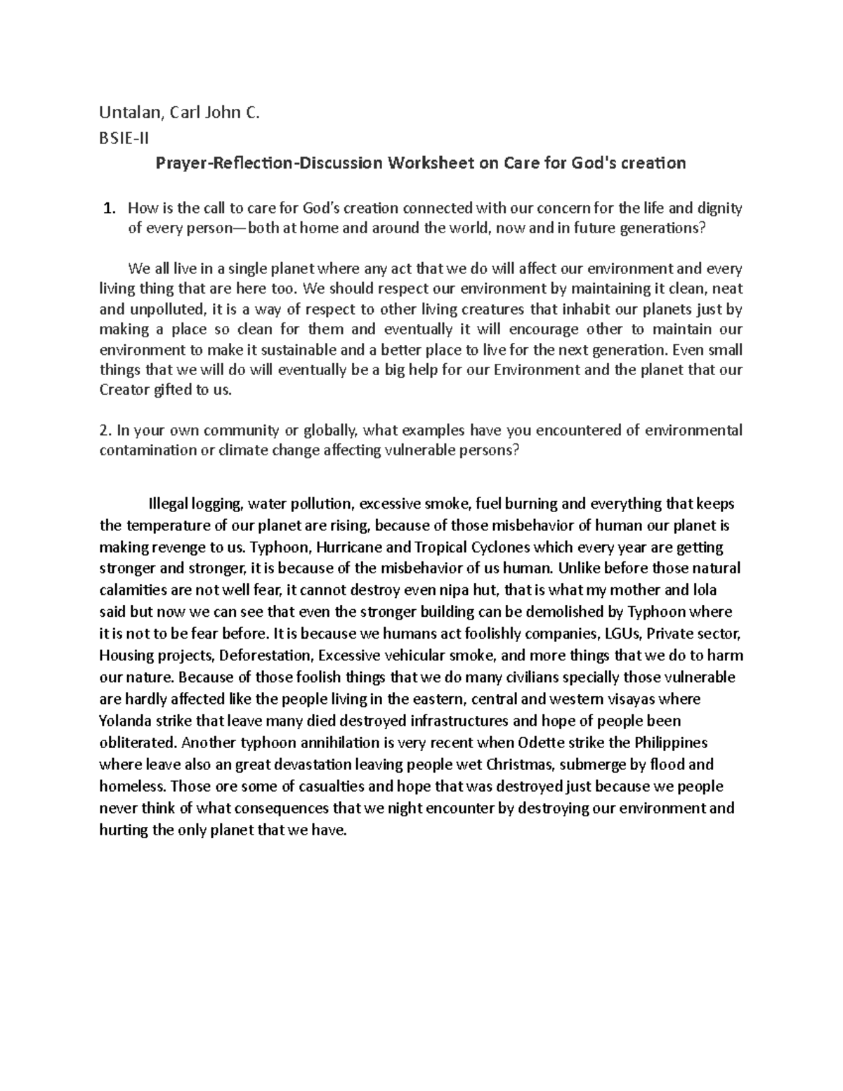 Prayer-Reflection-Discussion Worksheet on Care for God's creation ...