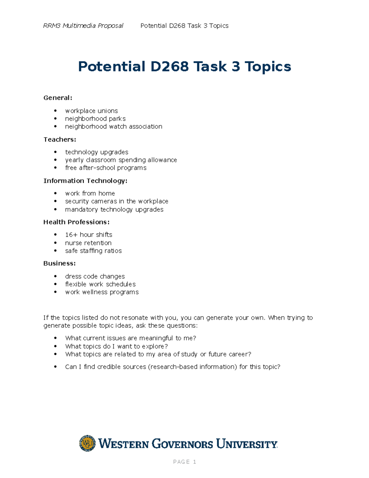 D268 Task 3 Rotating Topic List - RRM3 Multimedia Proposal Potential ...