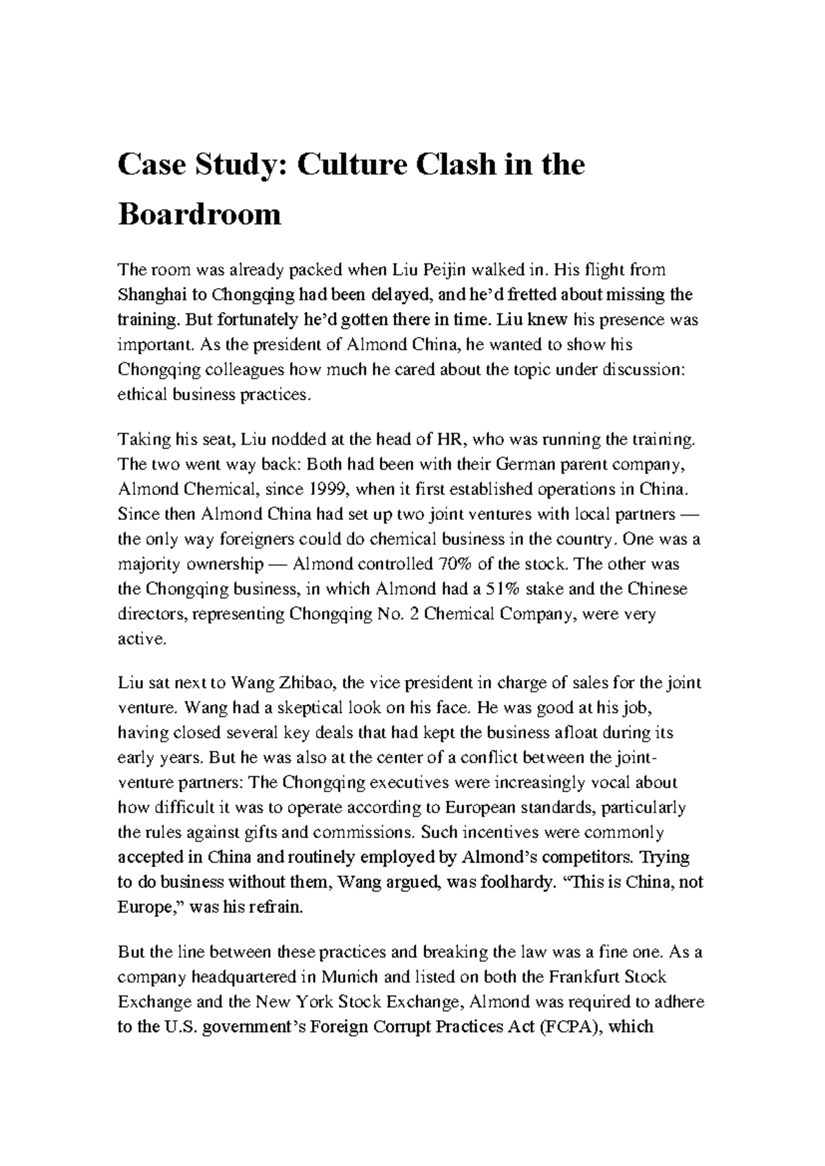 Culture Clash at the Board Room - Case Study: Culture Clash in the ...