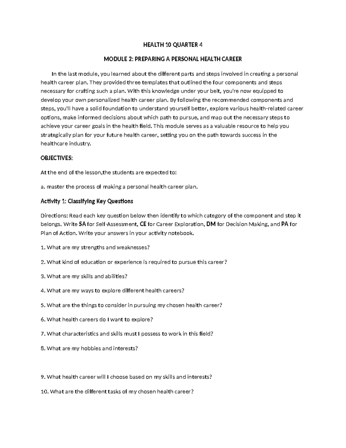 Health 10 Quarter 4 Module 2 - HEALTH 10 QUARTER 4 MODULE 2: PREPARING ...