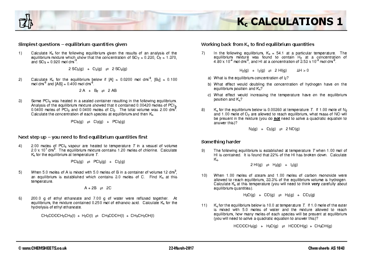 Chemsheets Kc calculations 1 worksheet - © CHEMSHEETS.co 22-March-2017 Chemsheets AS 1043 ...
