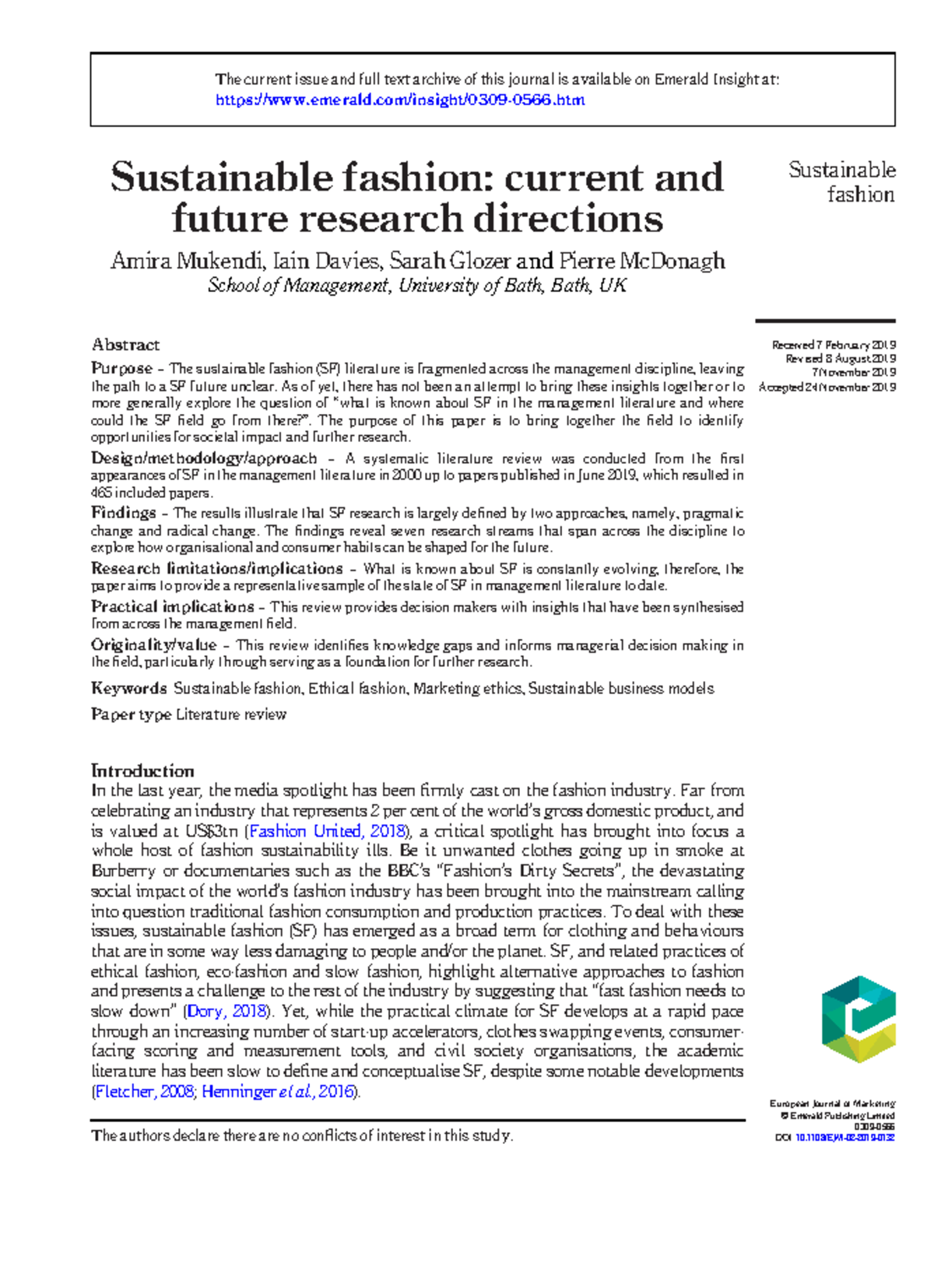 Sustainable fashion current and future research directions ...