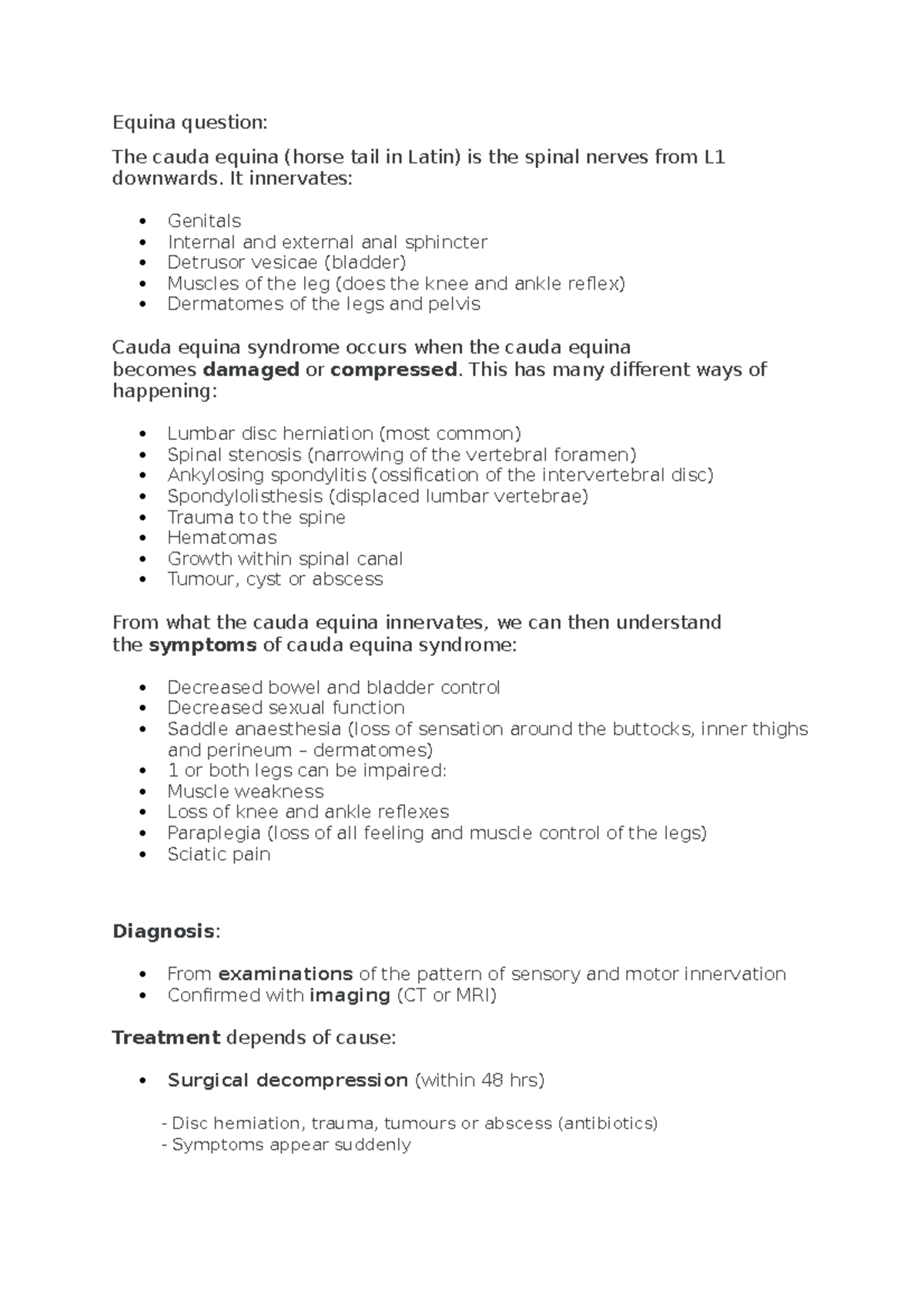 Cauda equina notes - Summary of said topic - Equina question: The cauda ...