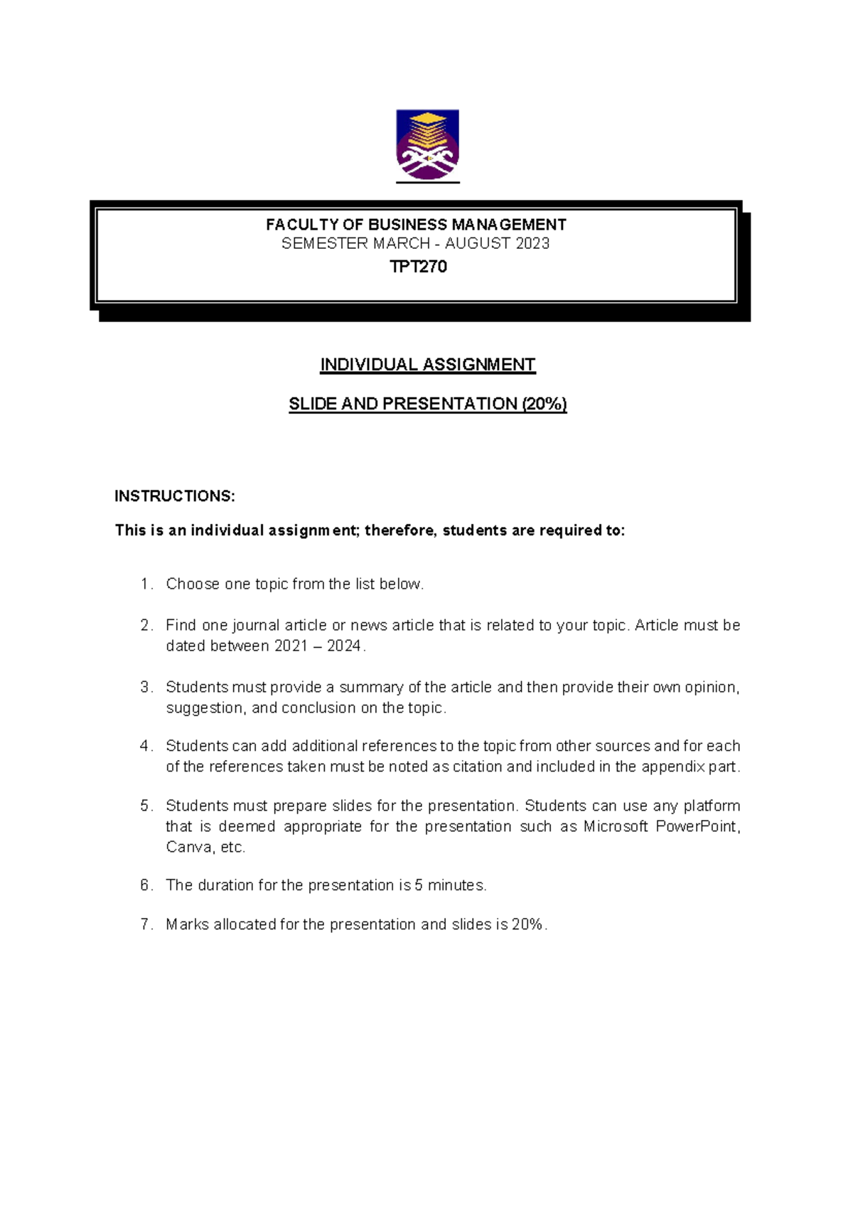 TPT270 Individual Assignment - INDIVIDUAL ASSIGNMENT SLIDE AND ...