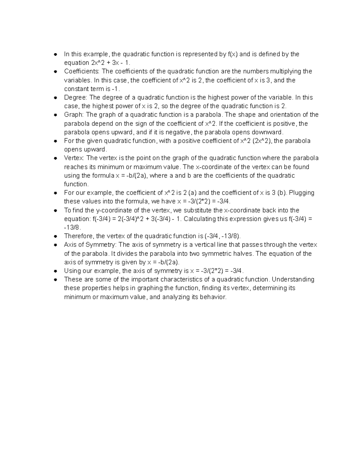 Untitled document - a summary page on quadratic functions - In this example, the quadratic - Studocu