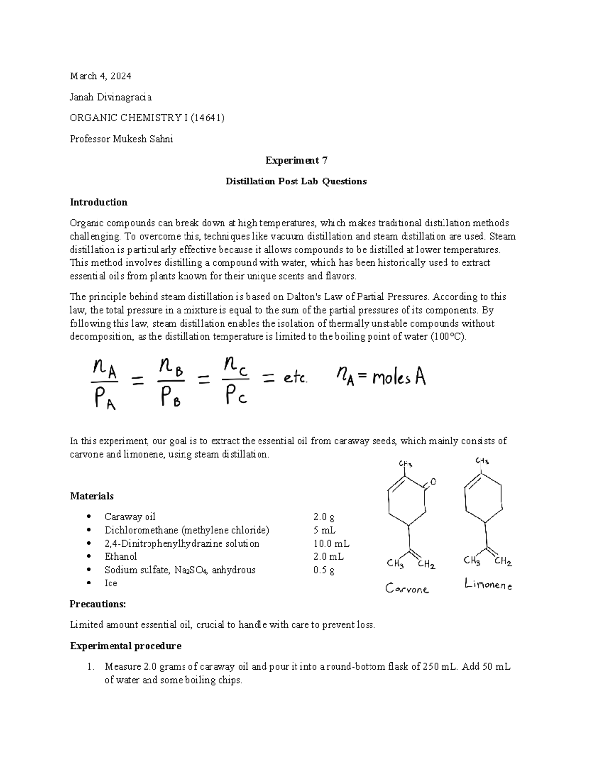 Prelab 7 Distillation - March 4, 2024 Janah Divinagracia ORGANIC ...
