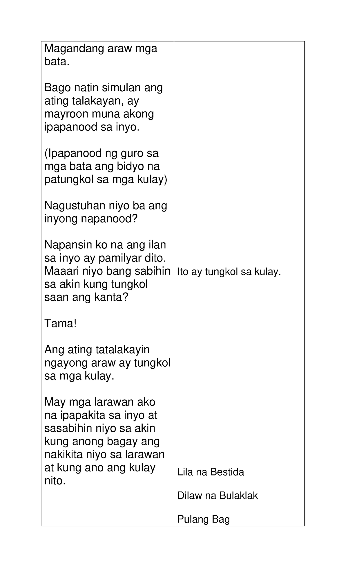 Arts - Script - English - Magandang araw mga bata. Bago natin simulan ...