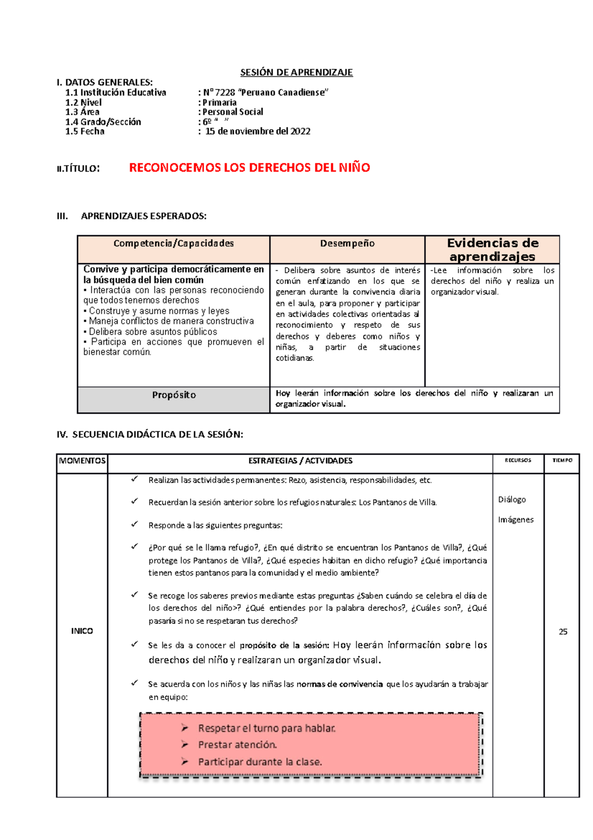 Derechos DEL NIÑO - SESIÓN DE APRENDIZAJE I. DATOS GENERALES: 1 ...