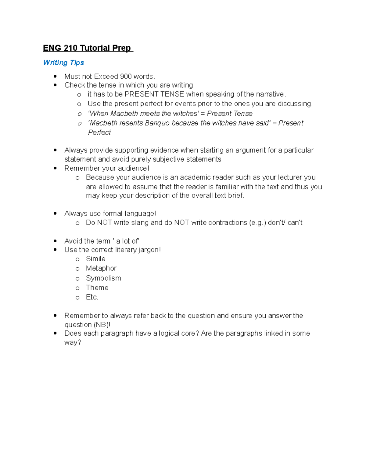 ENG 210 Tutorial Prep - General preparation and essay tips in order to ...