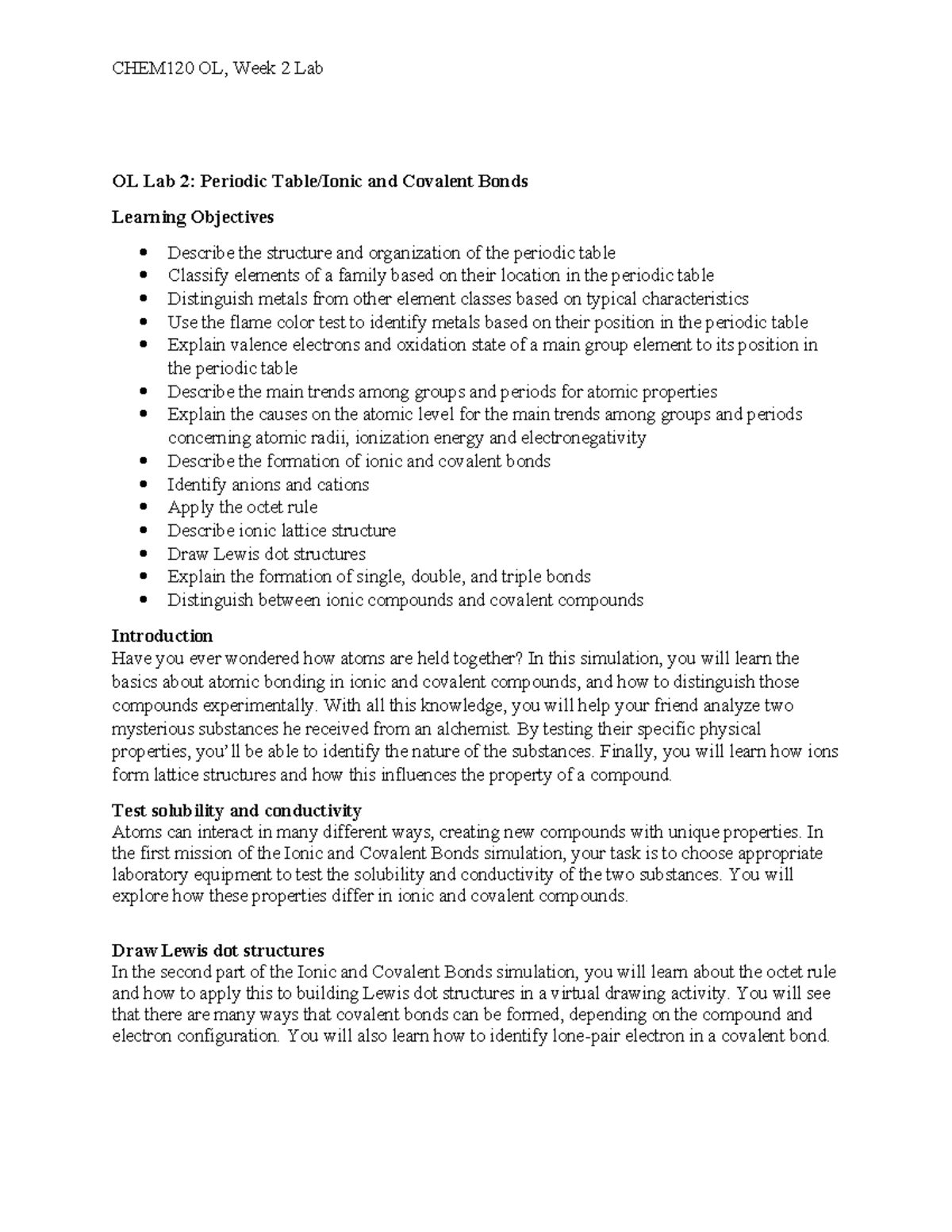 Periodic Table and Ioni and Covalent Bonds - OL Lab 2: Periodic Table ...
