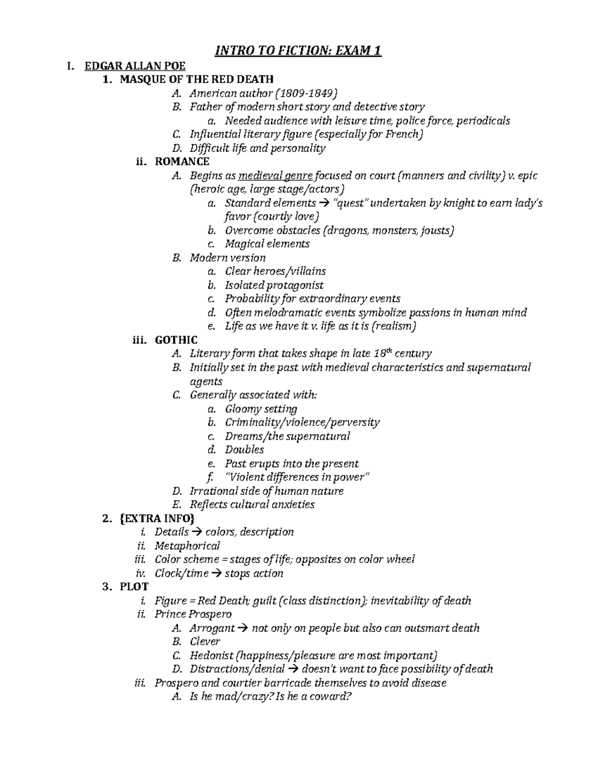 2017-Intro to Fiction-Exam 1 Review - INTRO TO FICTION: EXAM 1 I. EDGAR ...