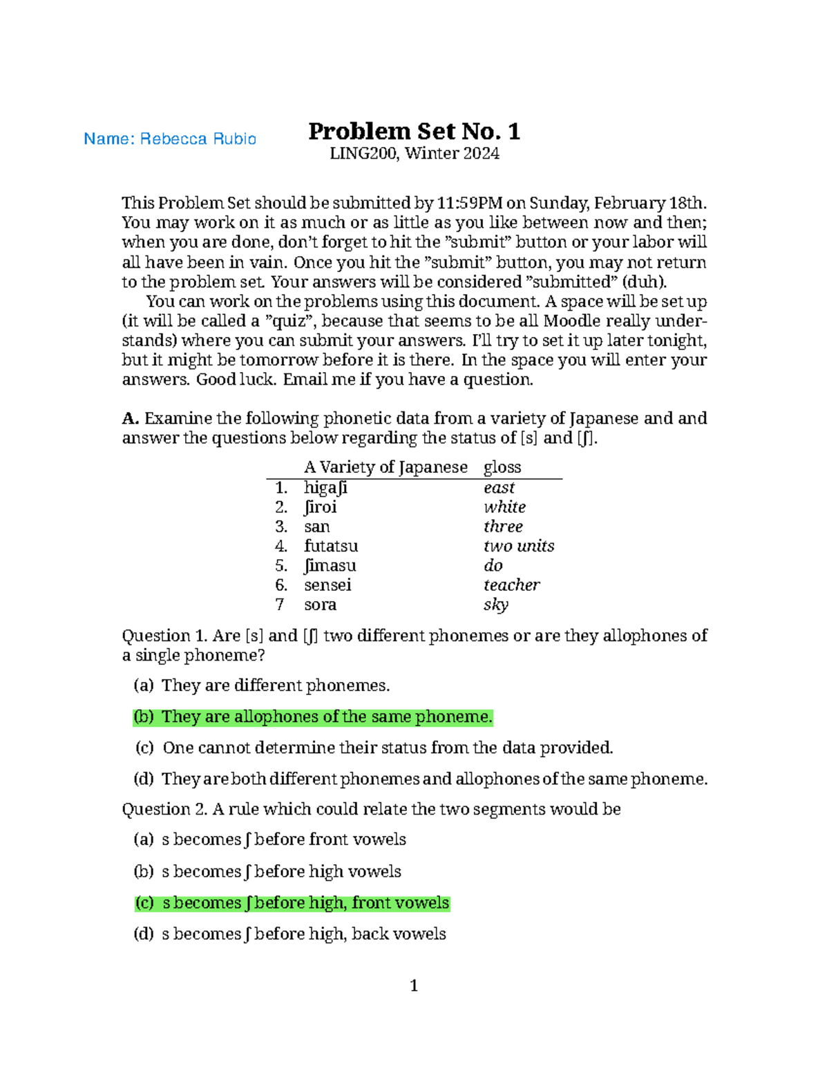 Problem Set No 1 - 1 LING200, Winter 2024 This Problem Set should be ...
