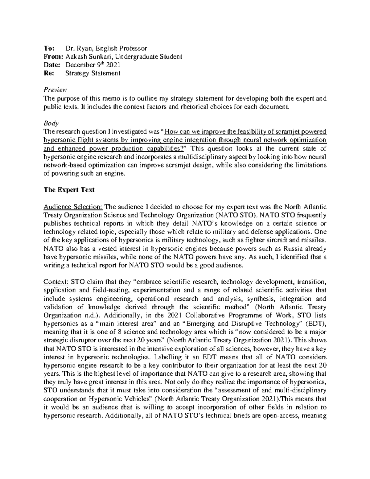Strategy Statement - To: Dr. Ryan, English Professor From: Aakash ...