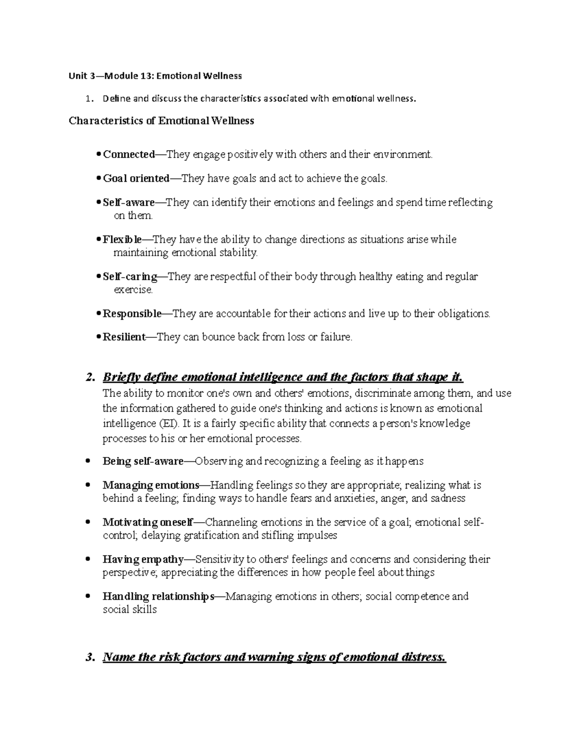 Unit 3 13 - study guide questions and answers for Module 13: Emotional ...