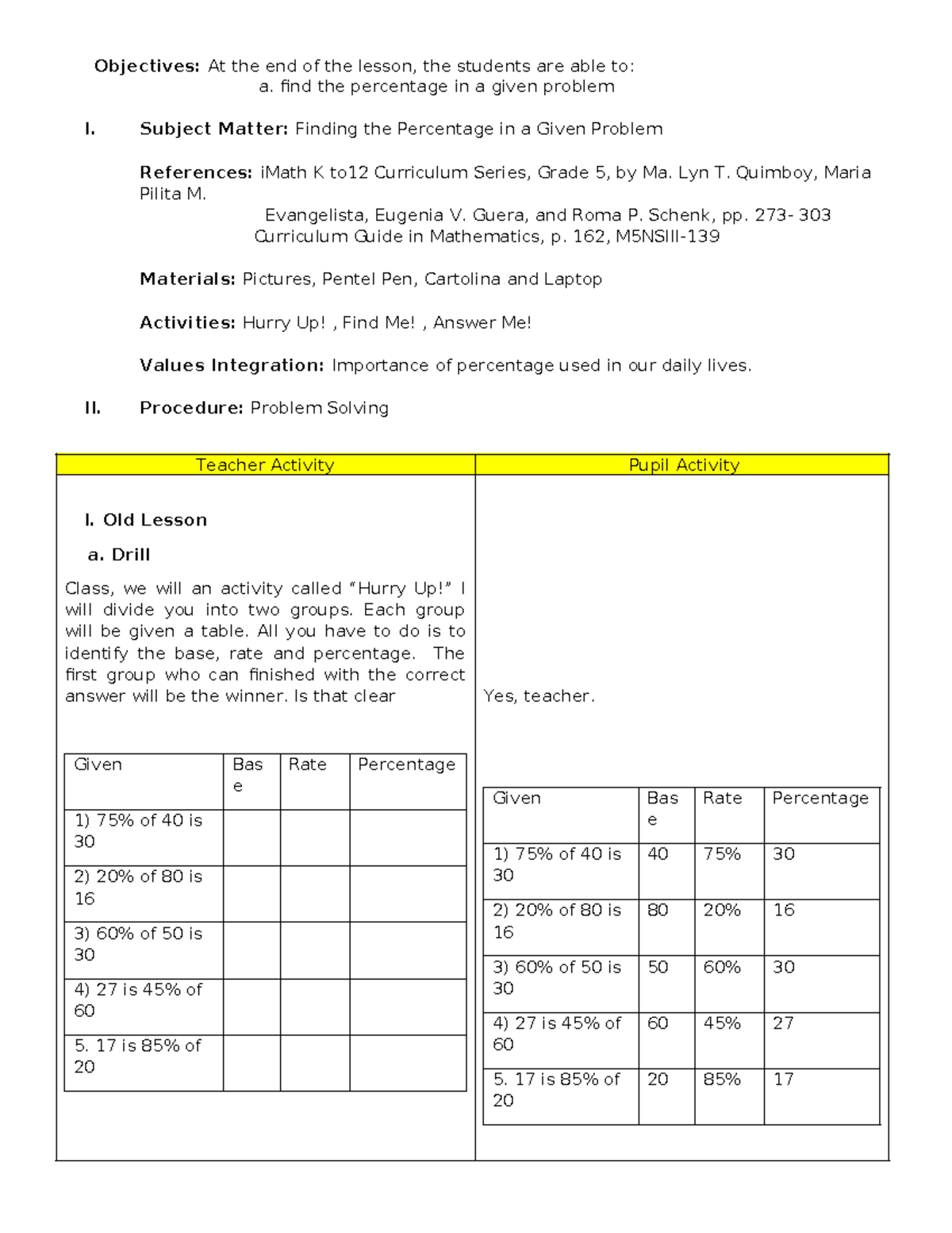 Finding the Percentage in a Given Problem - Objectives: At the end of ...