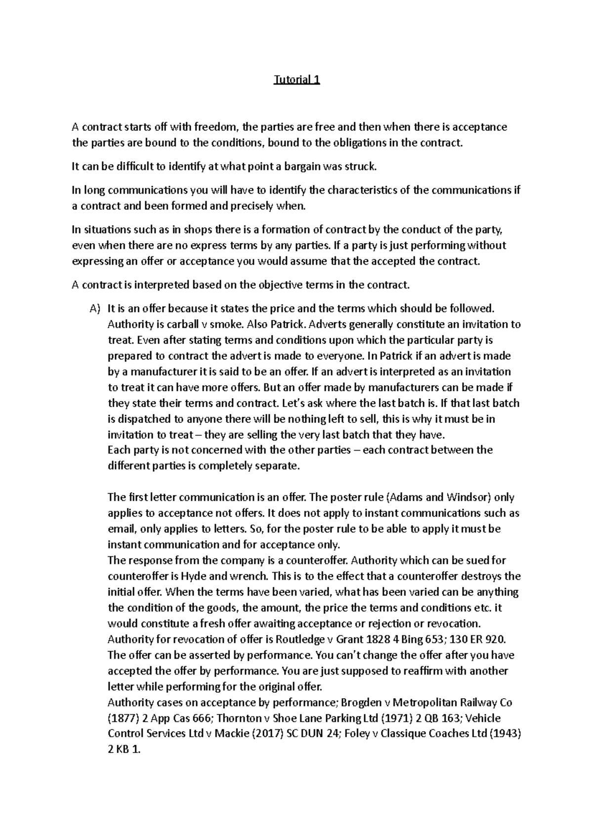 Contract Law Tutorial 1 - Tutorial 1 A contract starts off with freedom, the parties are free ...