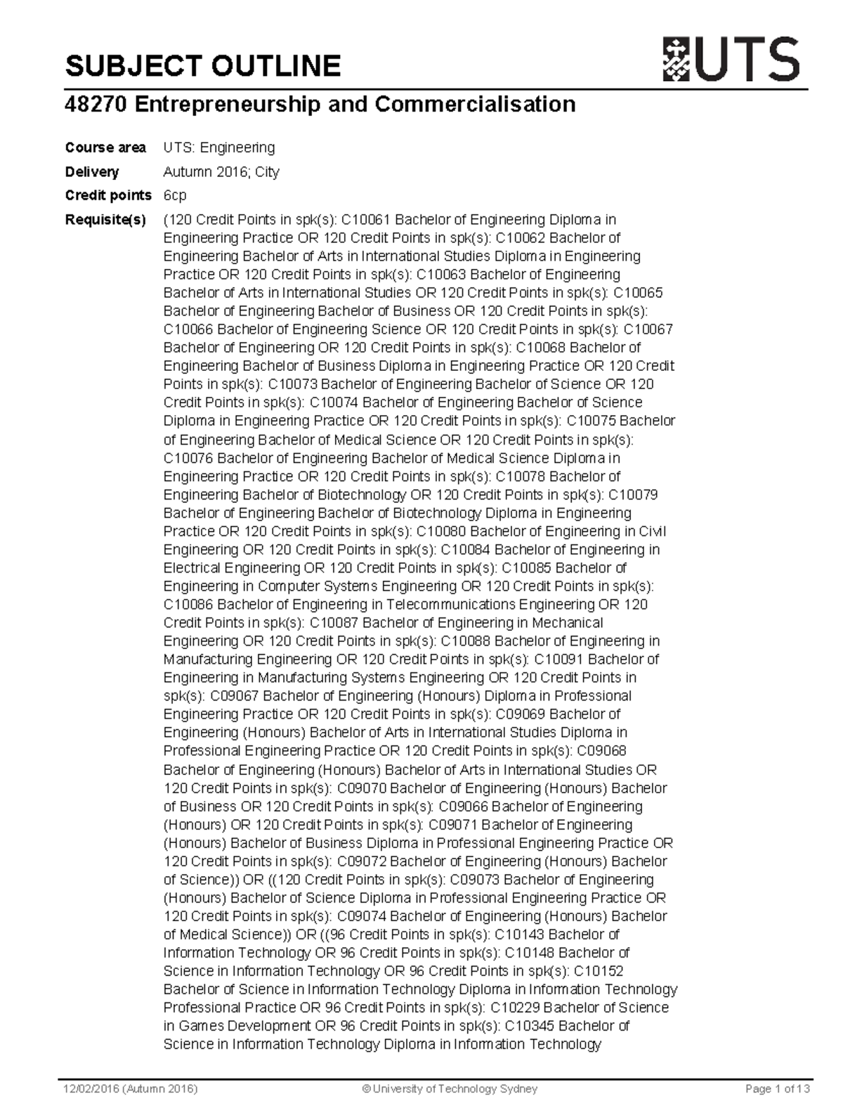 2016-03 48270 Subject Outline - SUBJECT OUTLINE 48270 Entrepreneurship ...