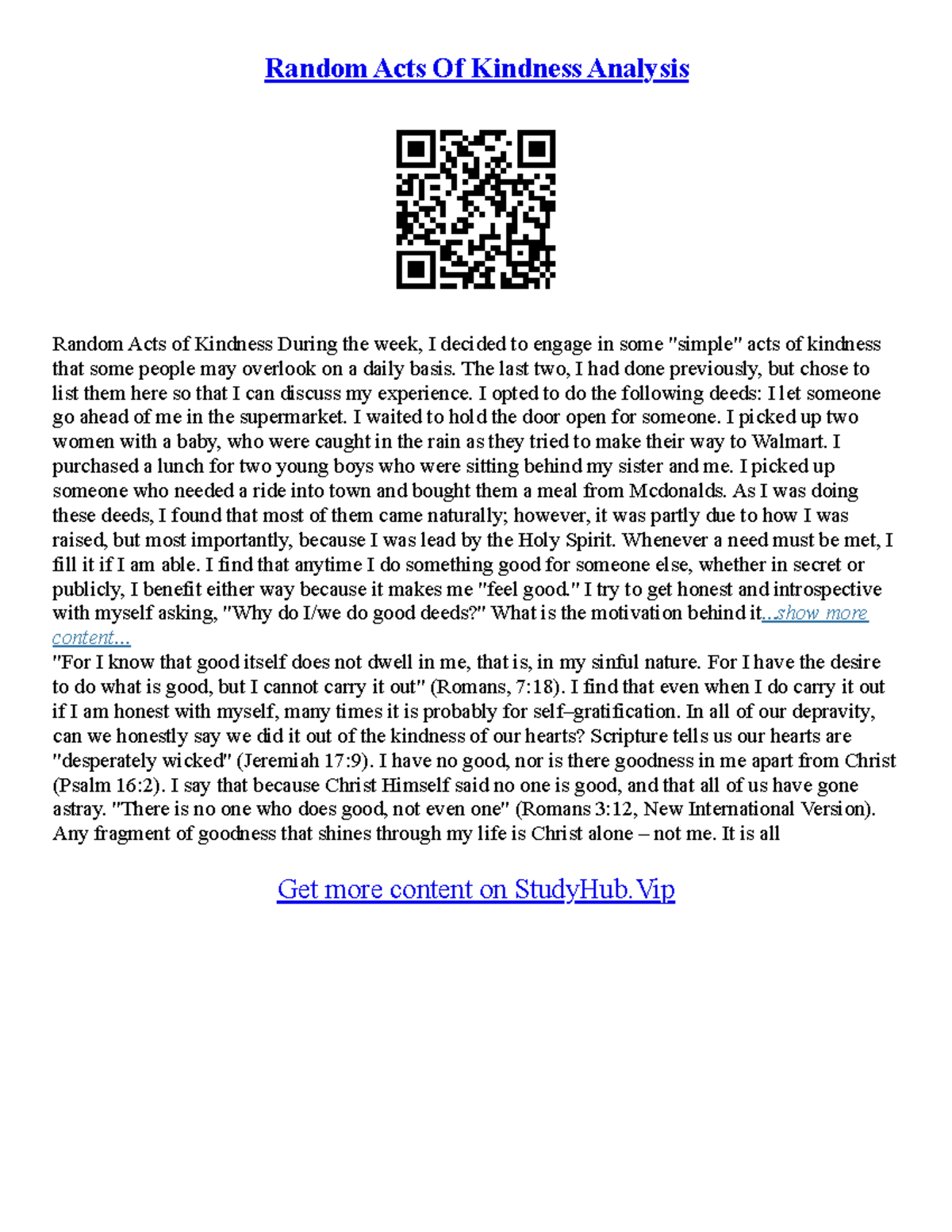 Act Of Kindness Essay - Random Acts Of Kindness Analysis Random Acts of ...