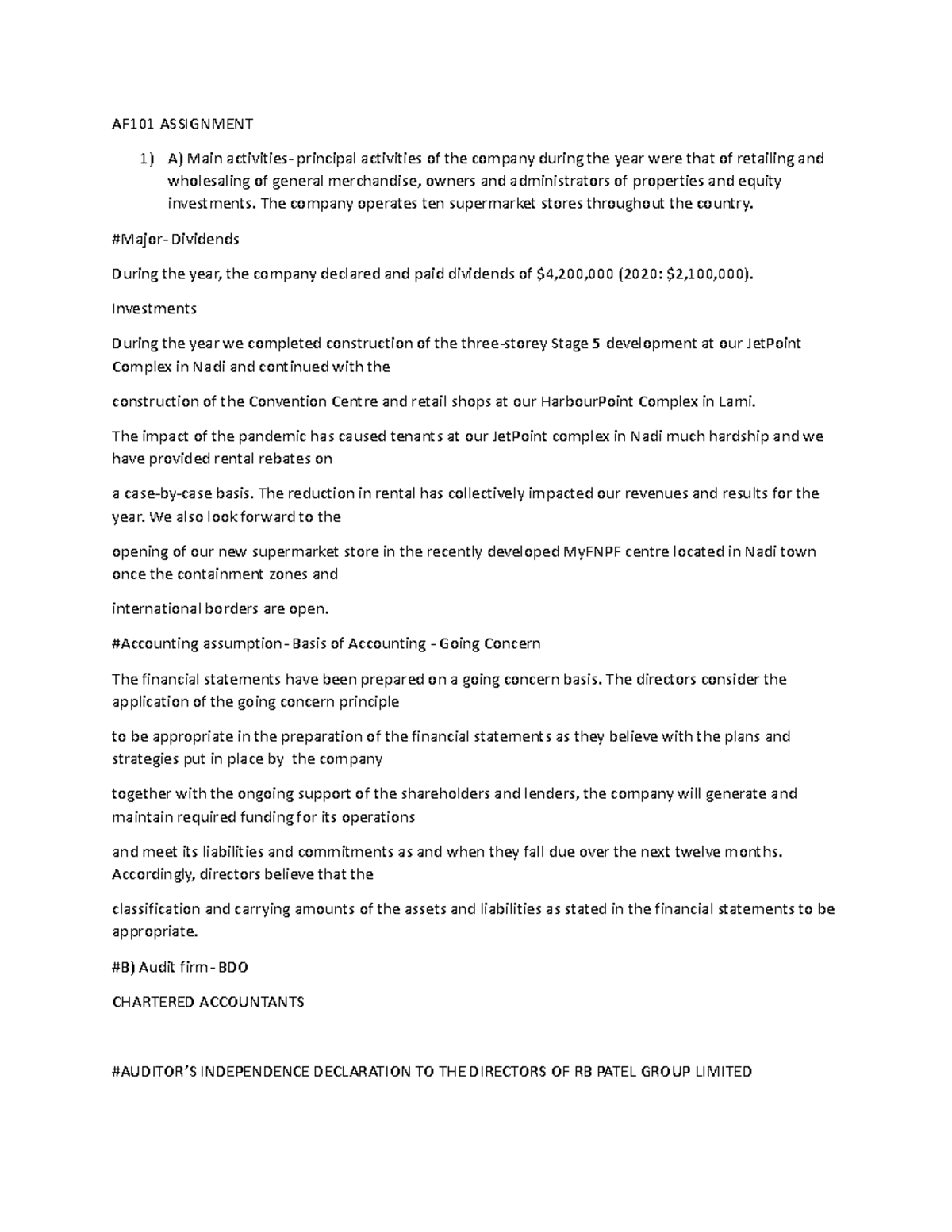 AF101 Assignment Answers - AF101 ASSIGNMENT A) Main activities ...