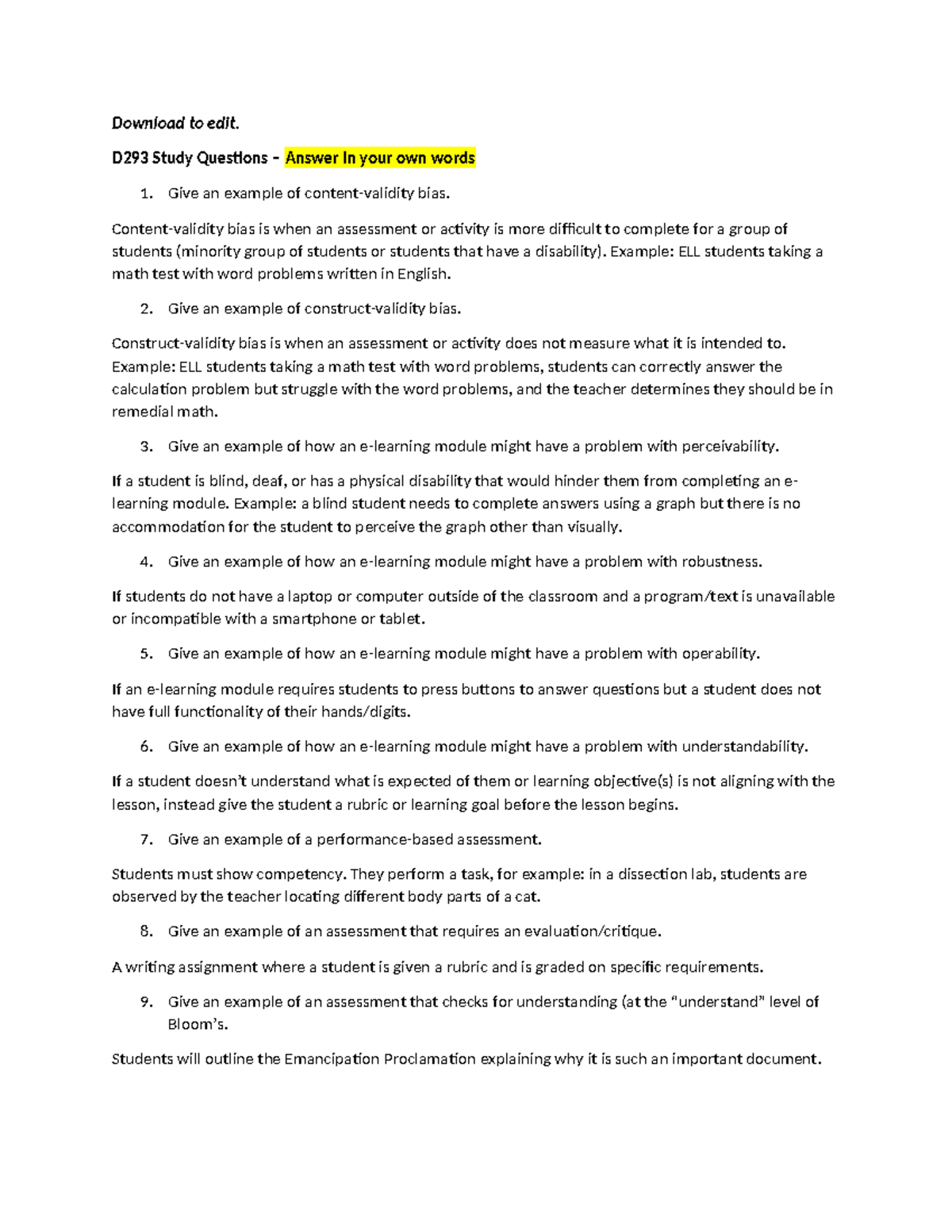 D293 Study Questions: Examples of Bias in Assessments - Download to ...