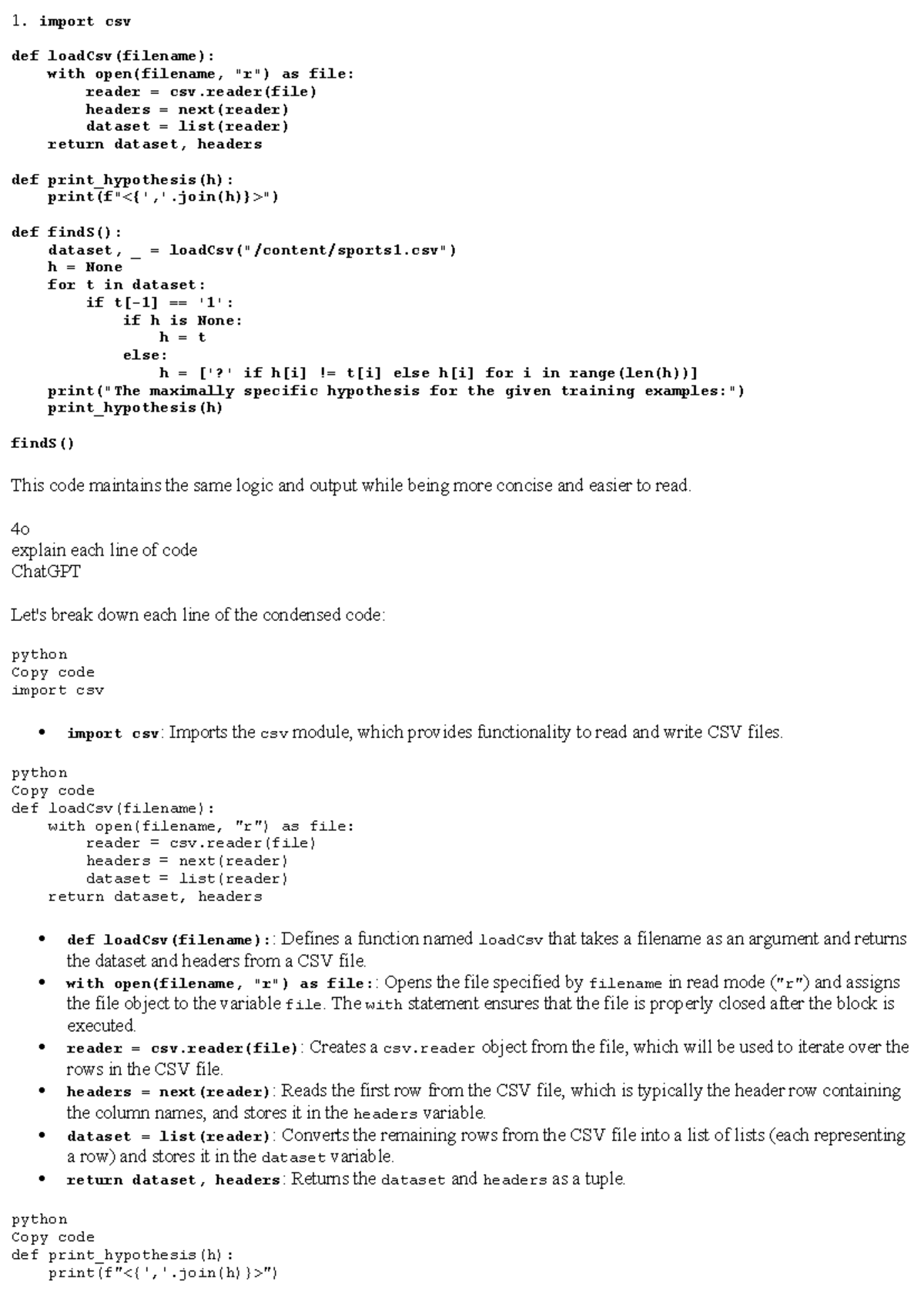 Condensed codes - 1. import csv def loadCsv(filename): with open(filename, "r") as file: - Studocu