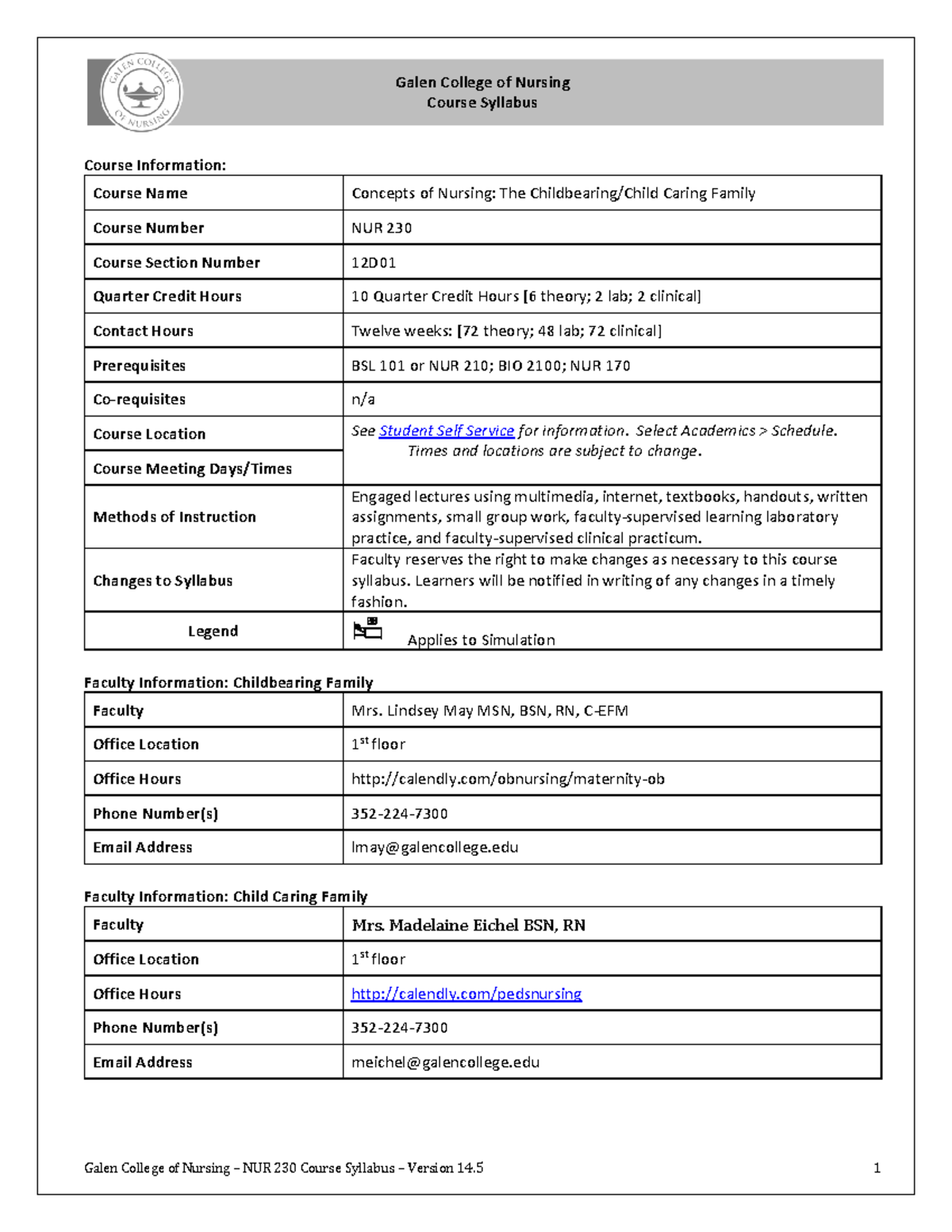 NUR 230 Syllabus - Galen College of Nursing Course Syllabus Course ...