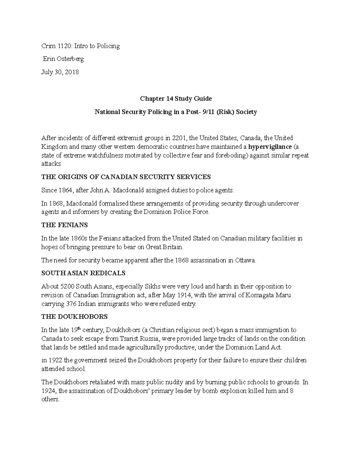 study guide of book chapters - Crim 1120: Intro to Policing Erin ...