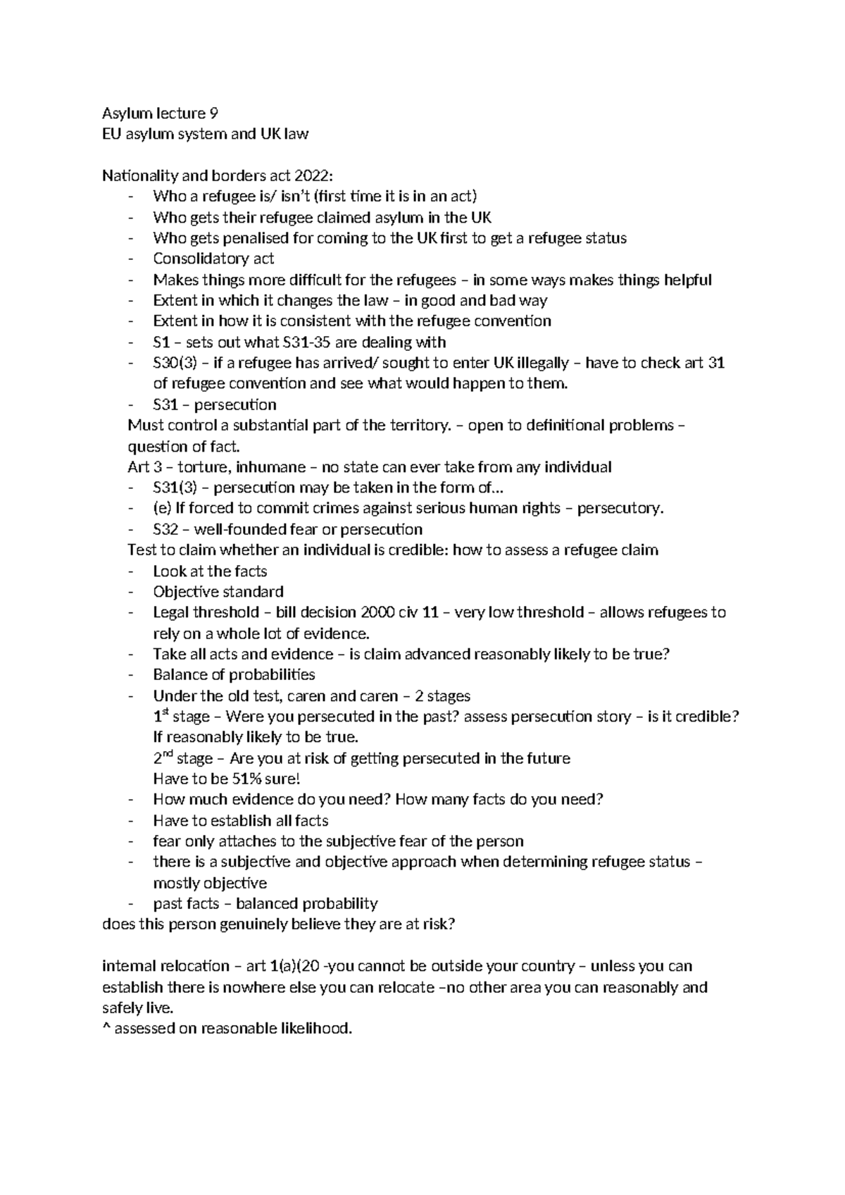 lecture 9 notes, immigration law - with regards to the asylum of ...