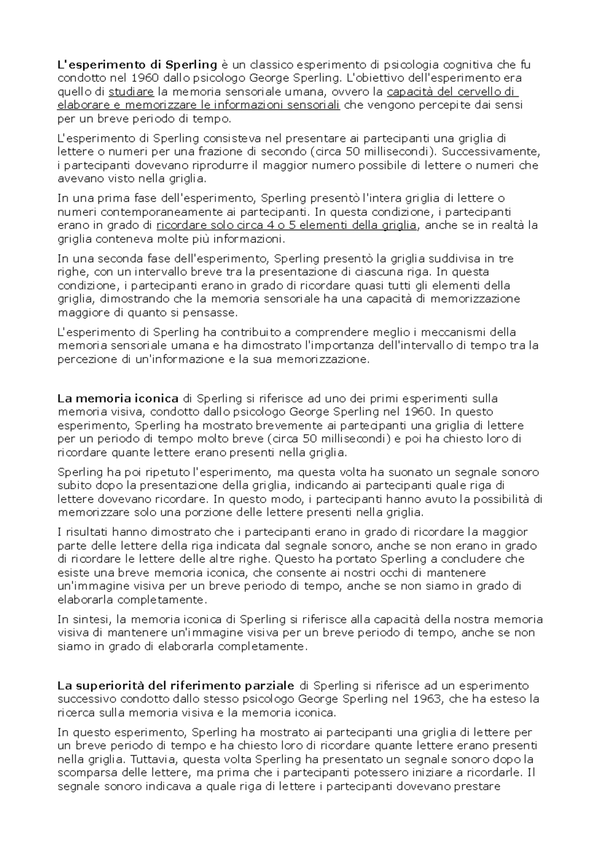 Cognitivismo Memoria Iconica&Sviluppi - L'esperimento di Sperling è un ...