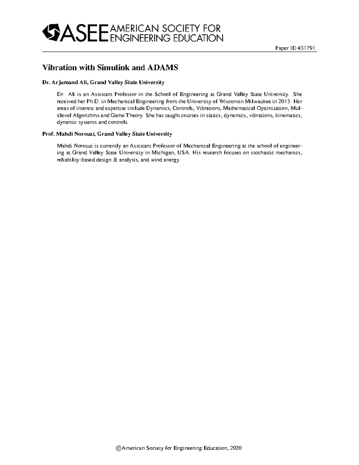 Vibration with simulink and adams - Paper ID # Vibration with Simulink and ADAMS Dr. Arjumand ...
