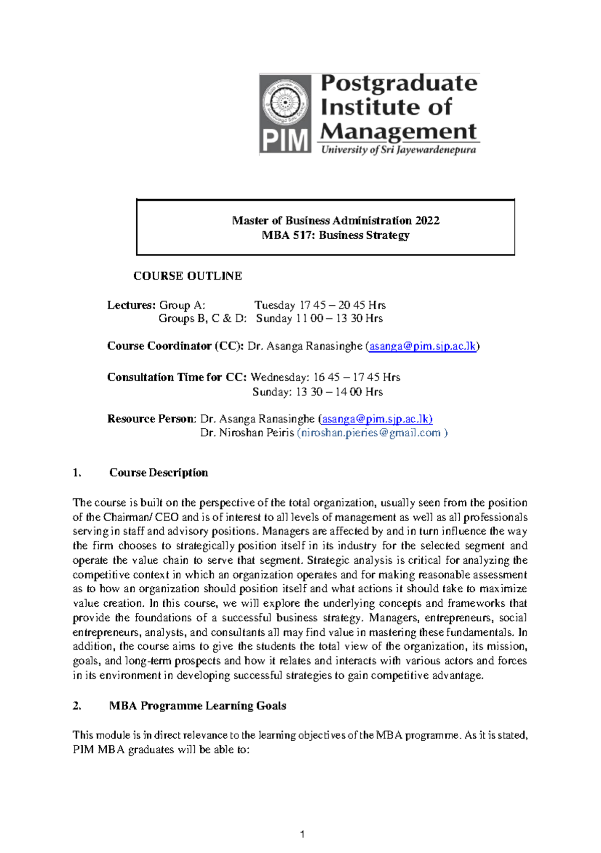 MBA 517 Course Outline - Business Strategy - COURSE OUTLINE Lectures ...