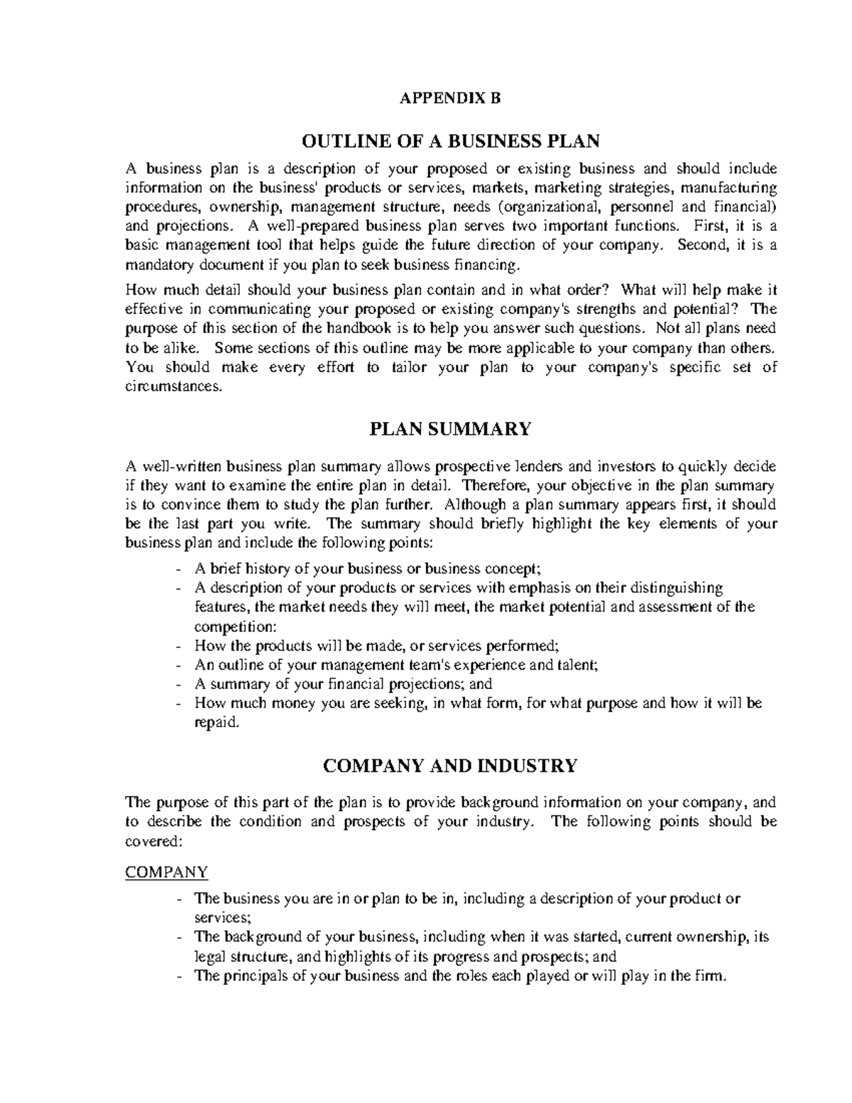 Business Plan Outline Format - APPENDIX B OUTLINE OF A BUSINESS PLAN A ...