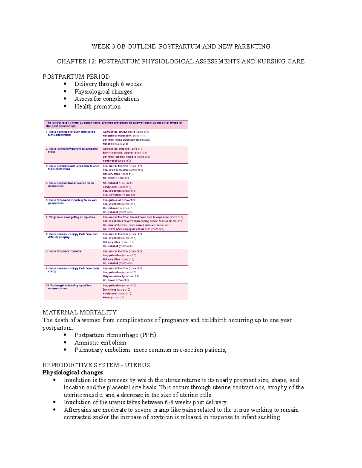 WEEK 3 OB Outline - OB notes - WEEK 3 OB OUTLINE: POSTPARTUM AND NEW ...
