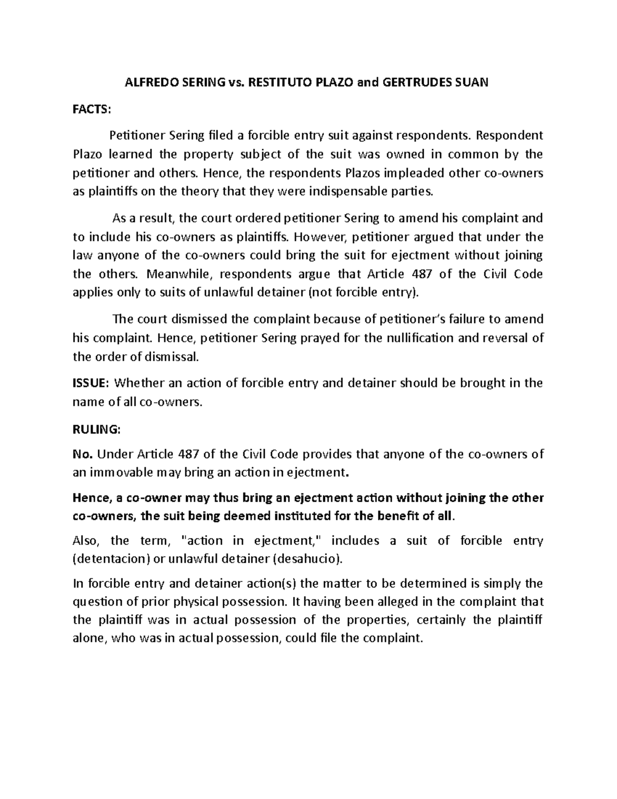 Serving vs. Plazo Digest - ALFREDO SERING vs. RESTITUTO PLAZO and ...